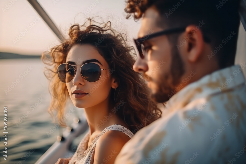 Loving couple enjoying a romantic yacht ride, embracing and sharing a ...