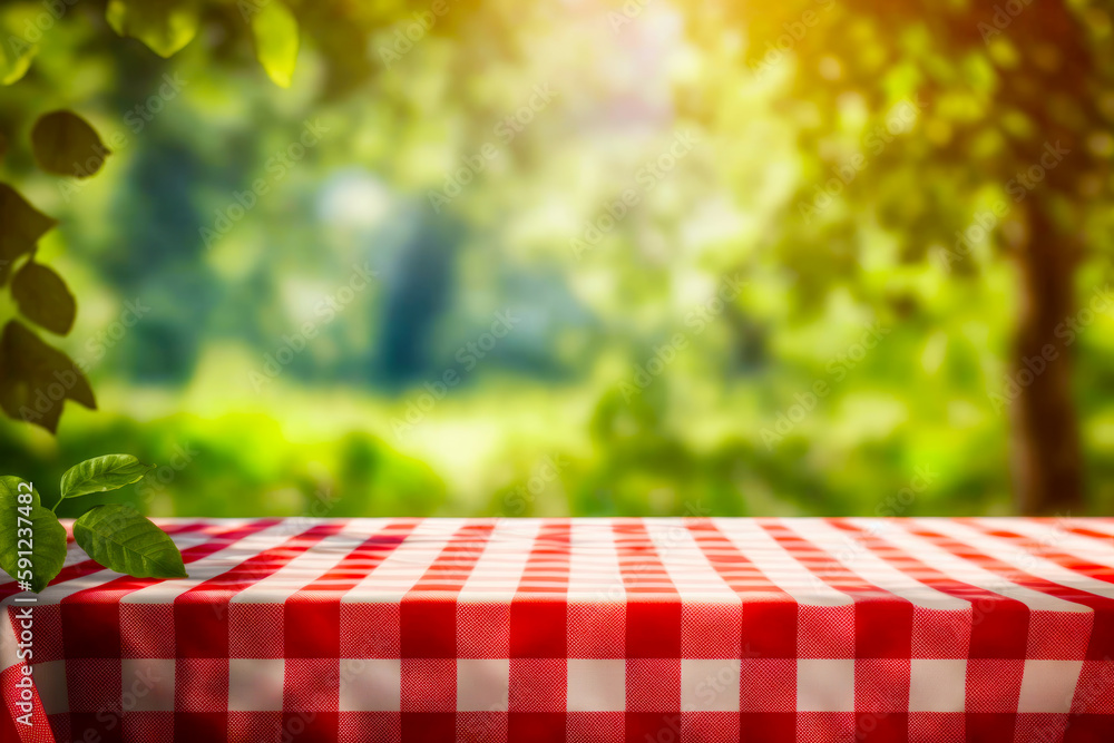 Table with red and white checkered tablecloth in front of blurry ...