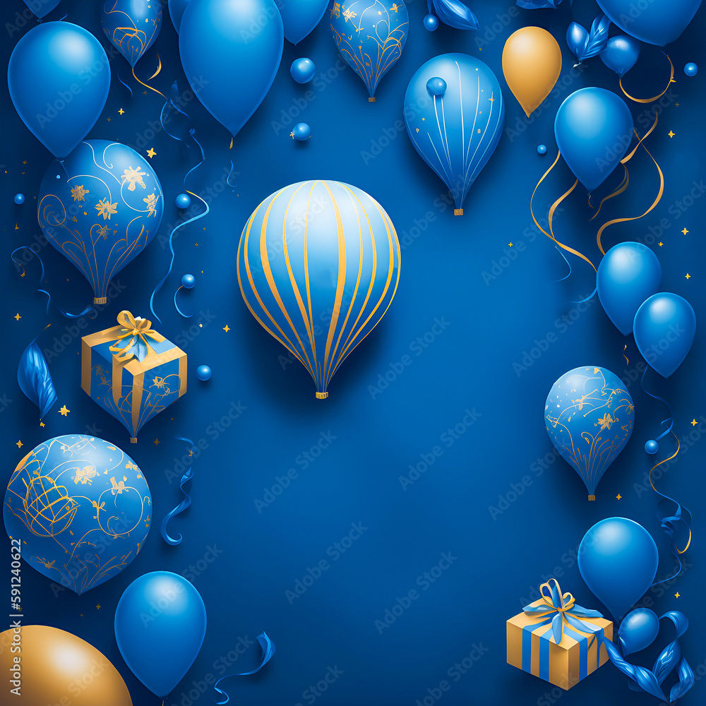 Blue birthday banner decor with balloons and presents, copy space ...
