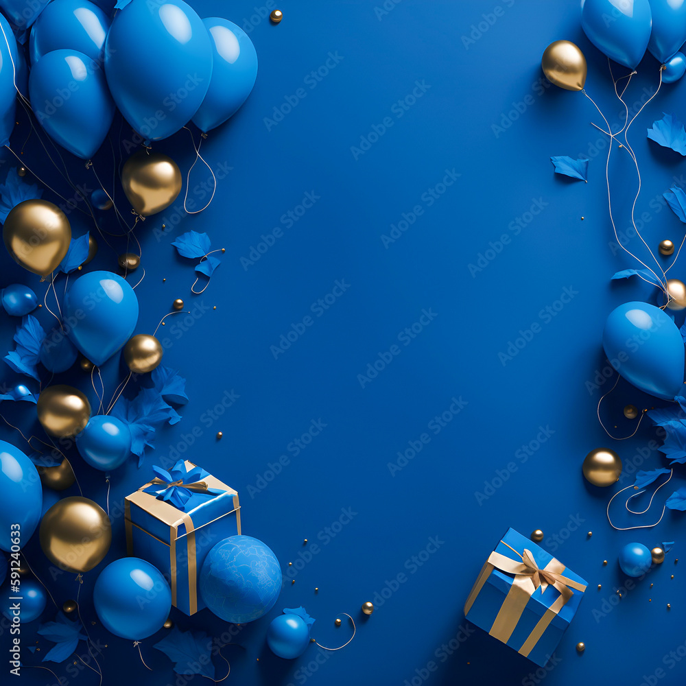 Blue birthday banner decor with balloons and presents, copy space ...