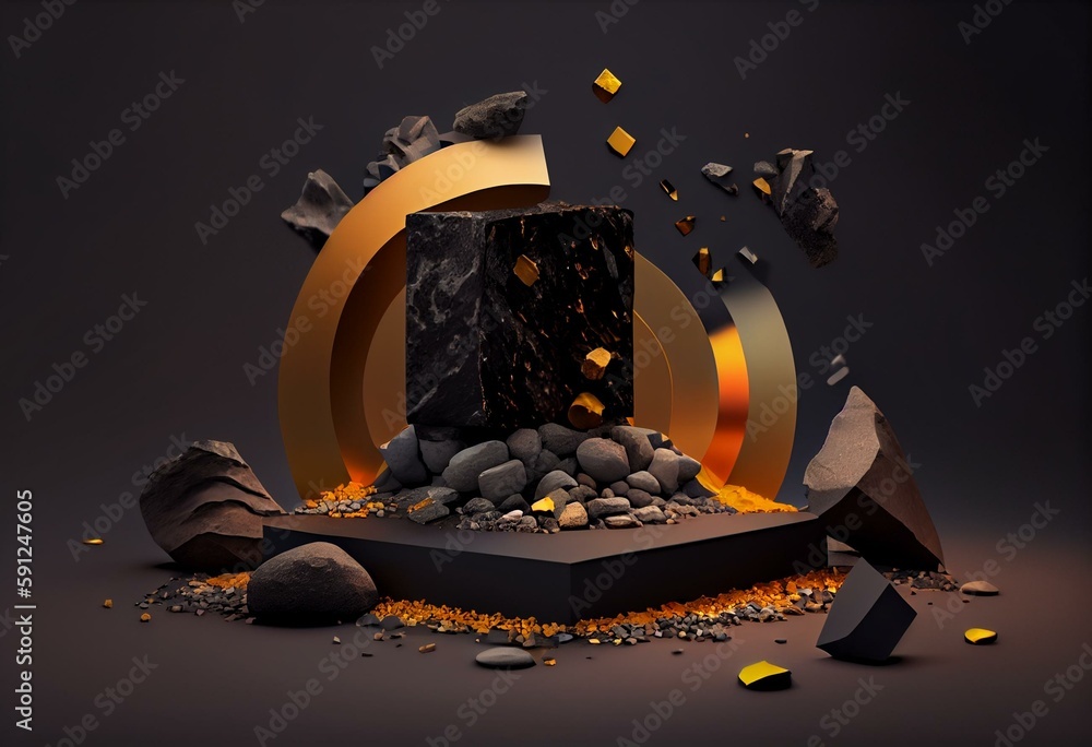 3d render, abstract background with black rock cobblestone ruins and ...
