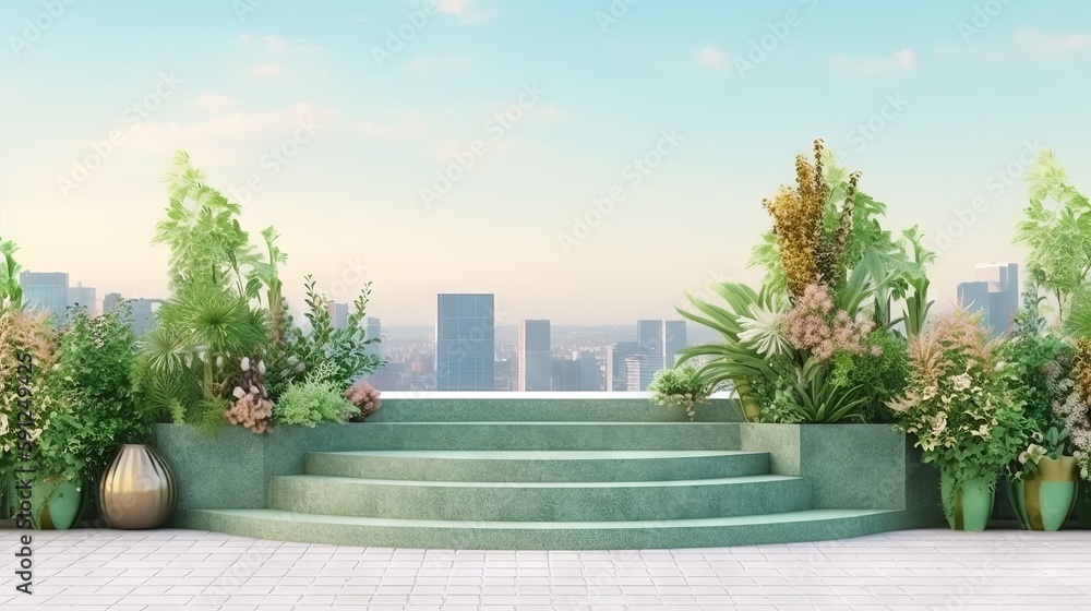 3D display podium. Rooftop garden 3D background, green terrace podium ...