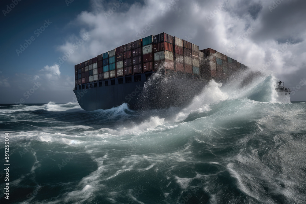 Cargo ship with containers on board in stormy sea. Strong waves damaged ...