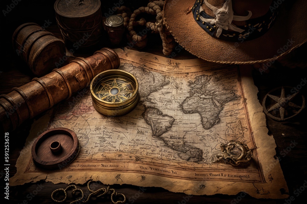 Treasure map with compass and pirate objects, Generative AI Stock ...