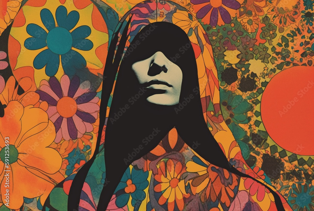 Collage in the style of the 70s. Retro portrait of a woman. Nice poster ...