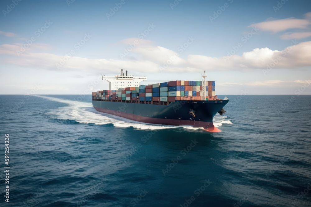 Modern cargo ship carrying shipping containers on ocean, blue sky ...