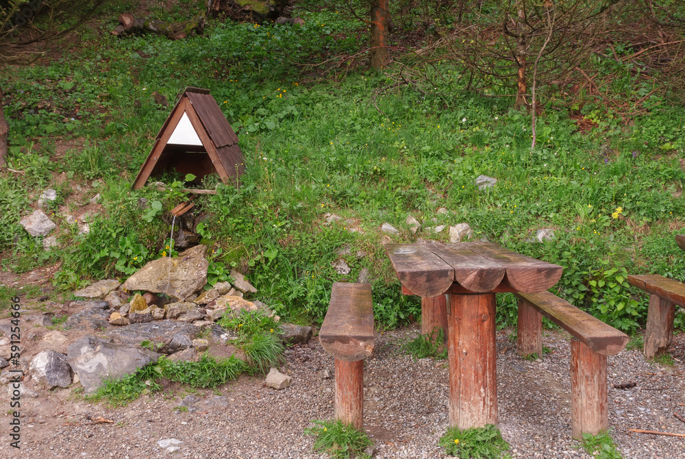 Hearty spring of water in Mala Fatra mountains in front of the chalet ...