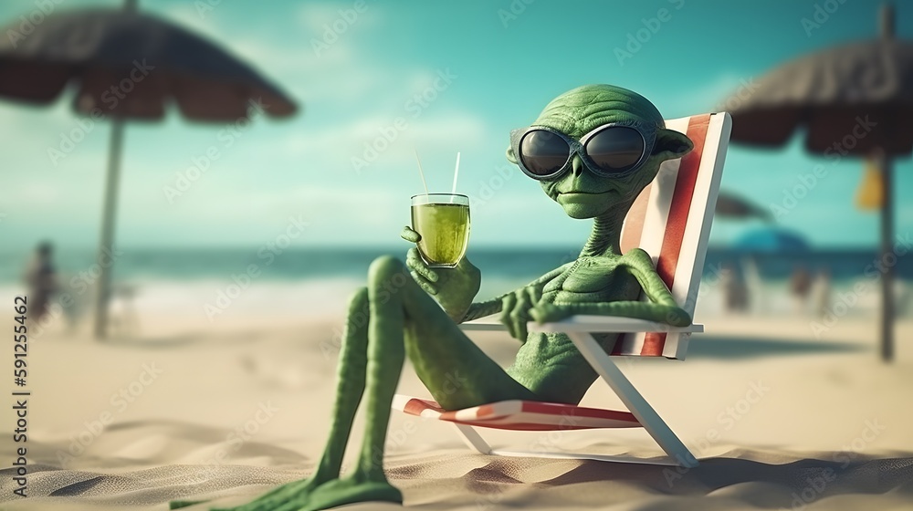 Funny green alien tourist goes on beach holiday relaxing in beach chair ...