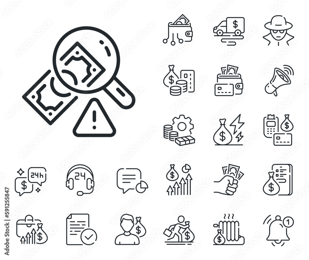 Money crime sign. Cash money, loan and mortgage outline icons. Fraud ... Money crime sign. Cash money, loan and mortgage outline icons. Fraud ...