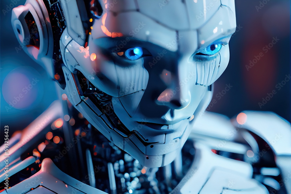 Wondrous hyper realistic closeup portrait artificial intelligent humanoid robot still in ...