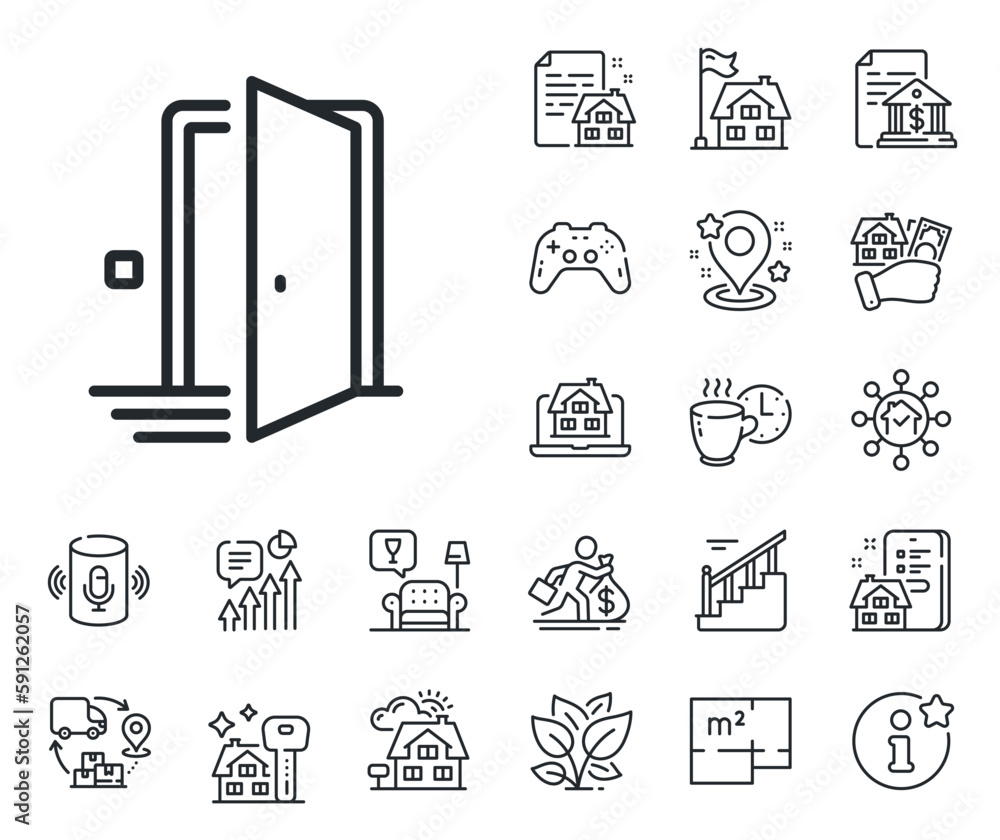 Open doorway sign. Floor plan, stairs and lounge room outline icons ...