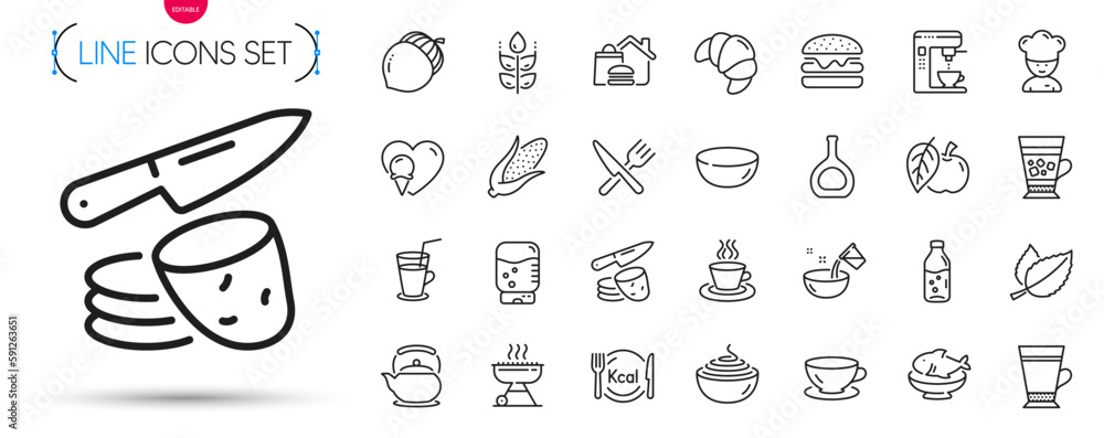 Pack of Food, Ice cream and Cognac bottle line icons. Include Pasta ...