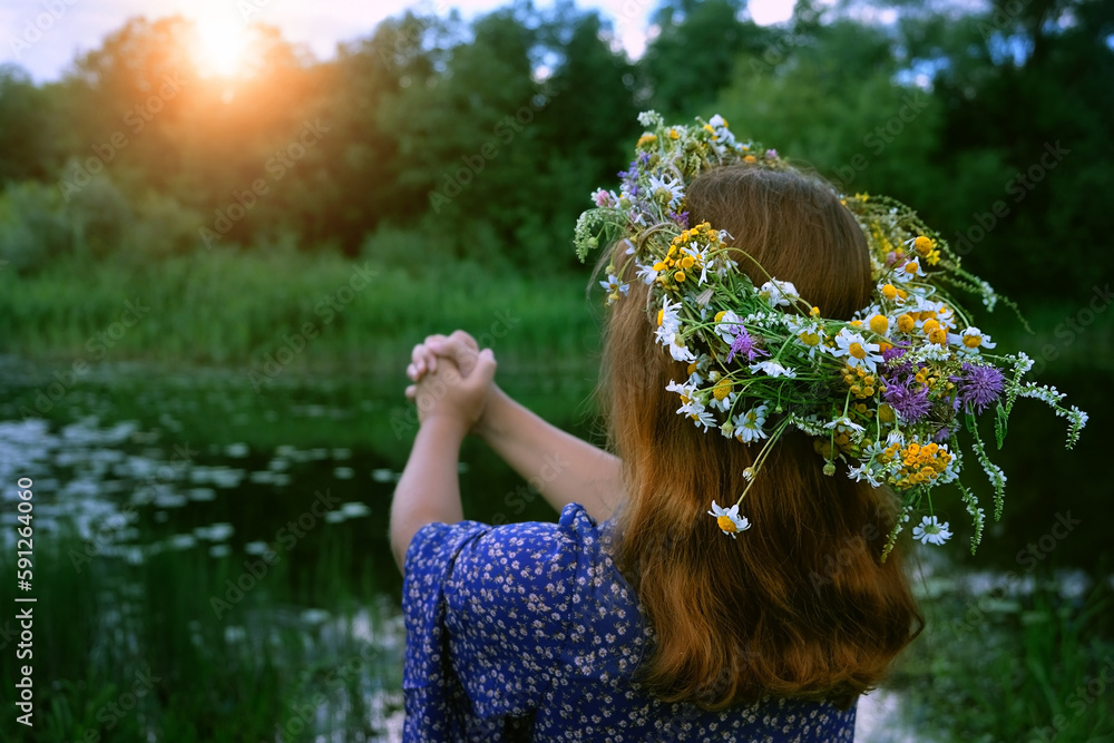 Girl In Flower Wreath Near River Abstract Natural Sunny Background