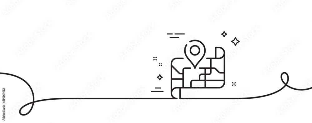 Map line icon. Continuous one line with curl. Place pin sign. Road trip ...
