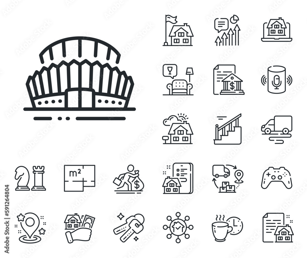 Arena sign. Floor plan, stairs and lounge room outline icons. Sports ...