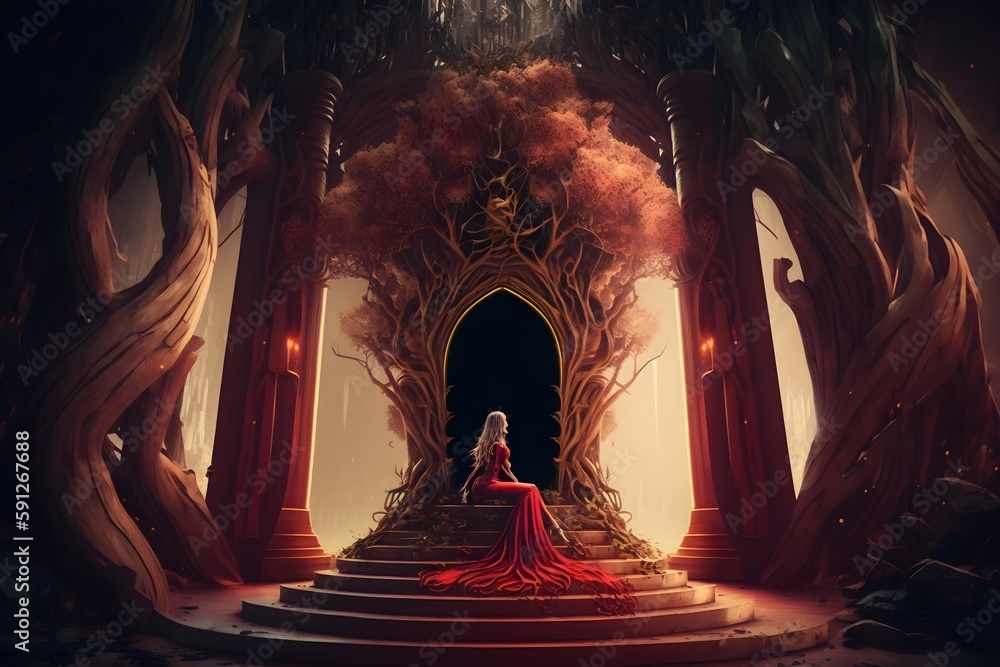 Queen of Babylon sitting in a massive throne made out of a tree in a ...