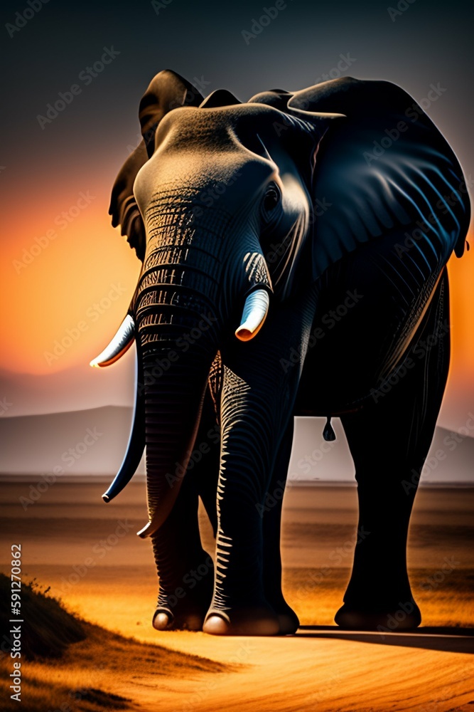 Elephant stands on a mysterious and shadowy backdrop, with four tusks ...