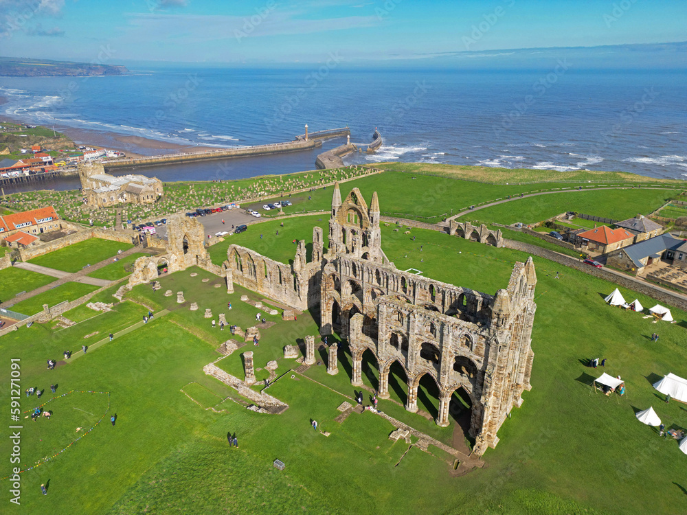 United Kingdom, North Yorkshire, Whitby, 8th April 2023. An aerial view ...