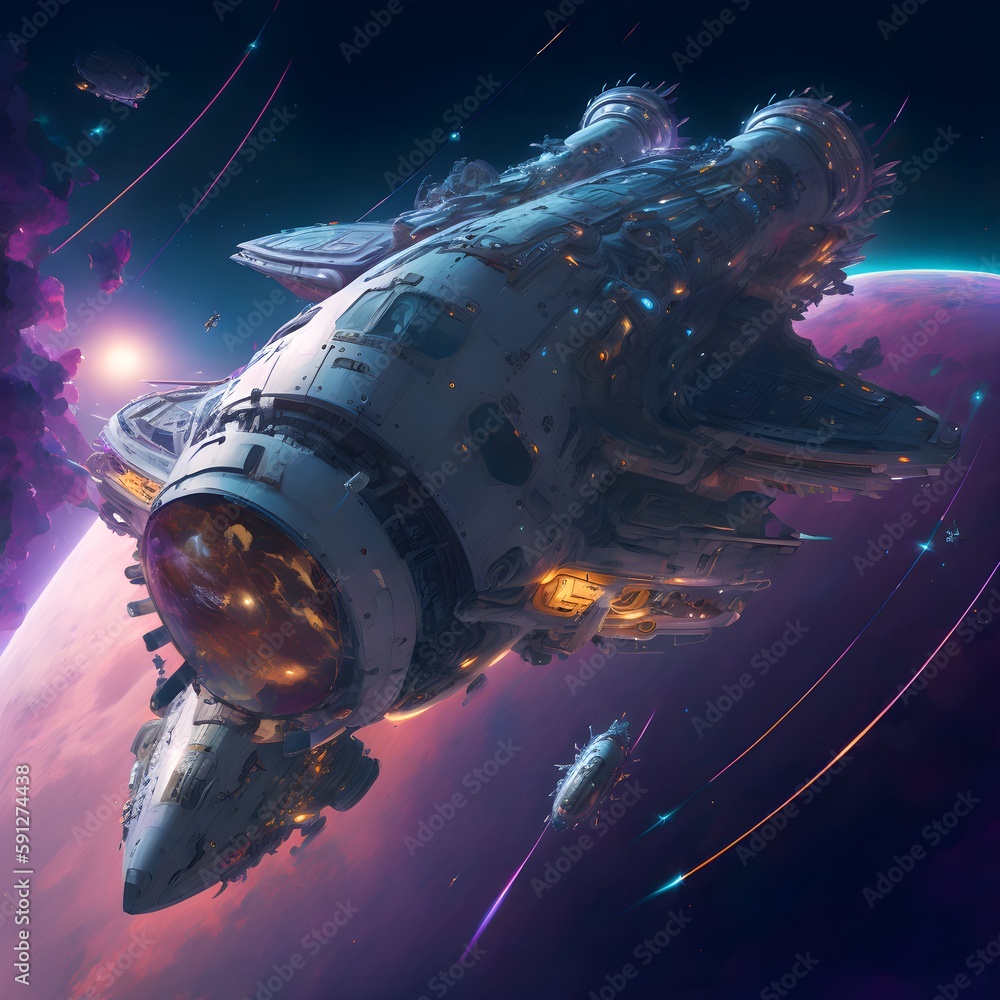 huge long spaceship travelling in space at warp with spacetime ...