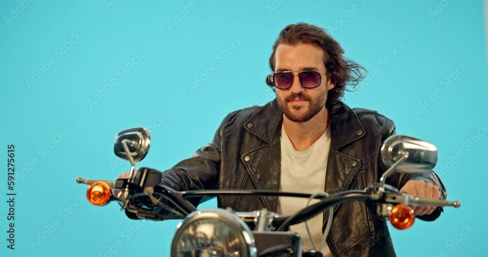 Video „Motorbike, man and hand in hair in studio on blue background for ...