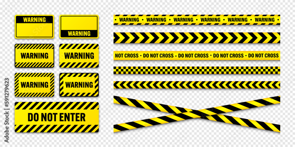 Various barricade construction tapes and warning shields. Yellow police ...