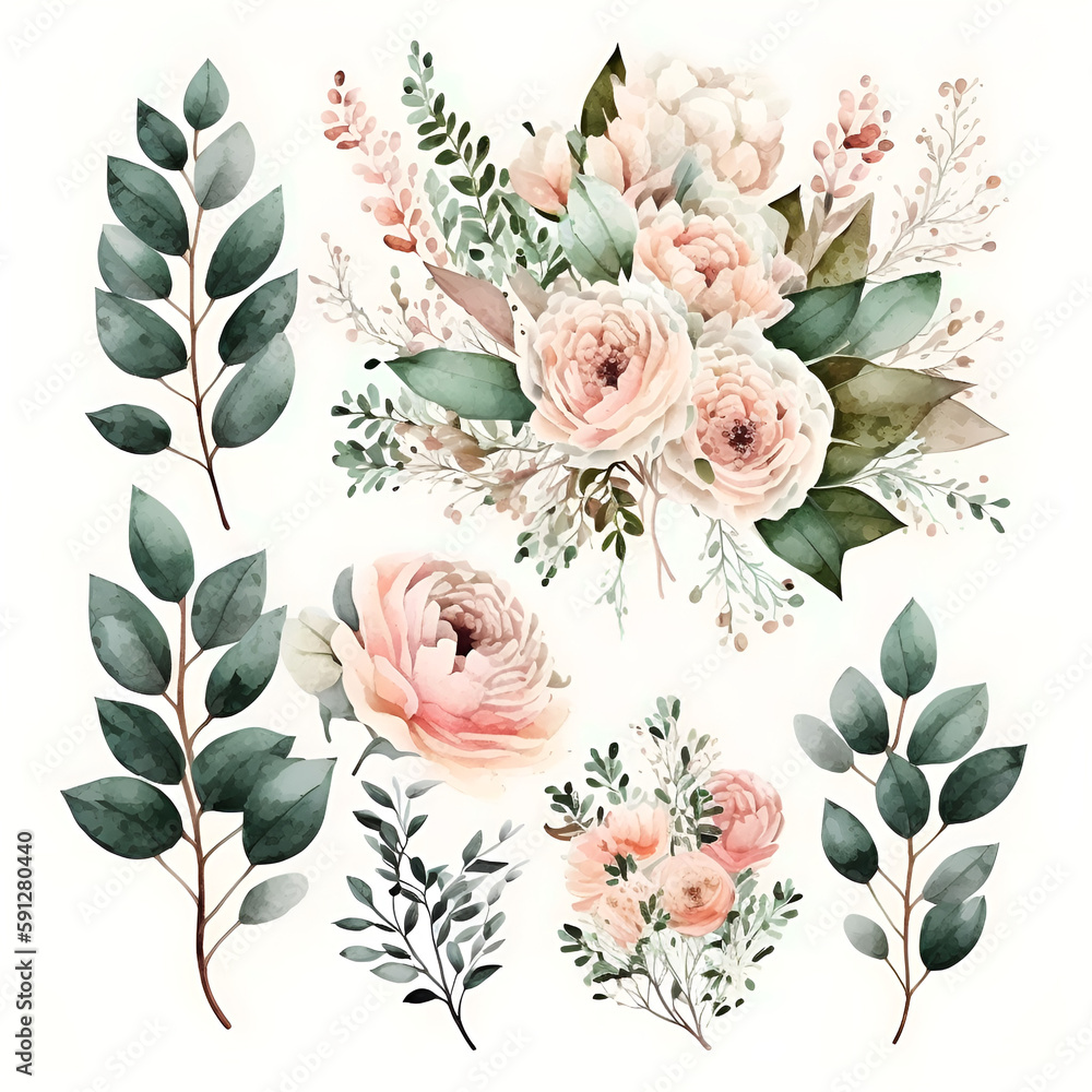 Watercolor floral border green leaves burgundy maroon scarlet pink ...