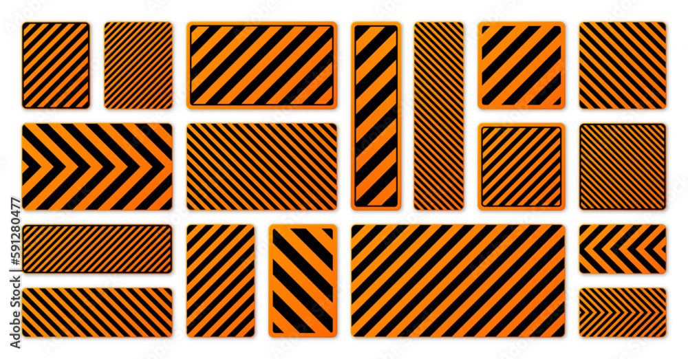 Various black and orange warning signs with diagonal lines. Attention ...