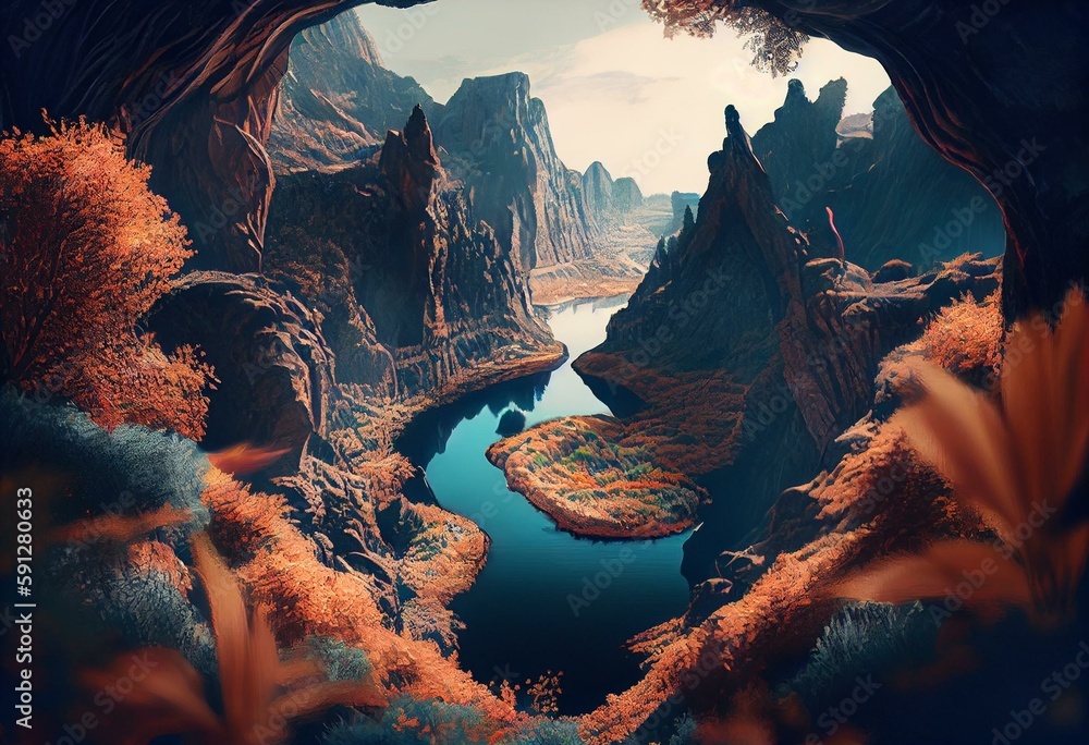 The Gorge of Fantasy World, Meadows and Rivers, Digital Art Styles ...