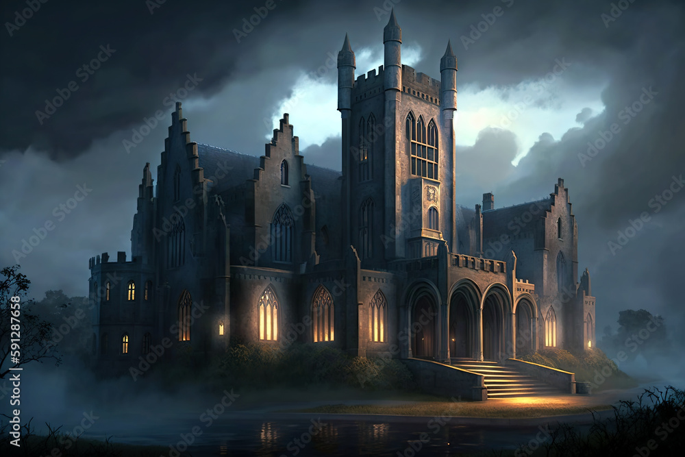 Haunted Gothic castle at night, old spooky mansion with lights ...