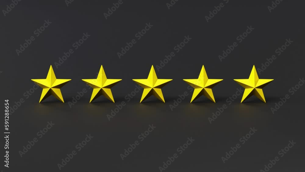 Five golden stars rating 4k 3d animation. 3D stars rank animation. High ...