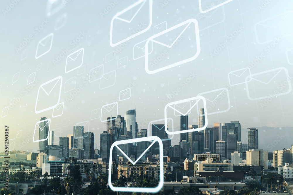 Abstract virtual postal envelopes illustration on Los Angeles skyline ...