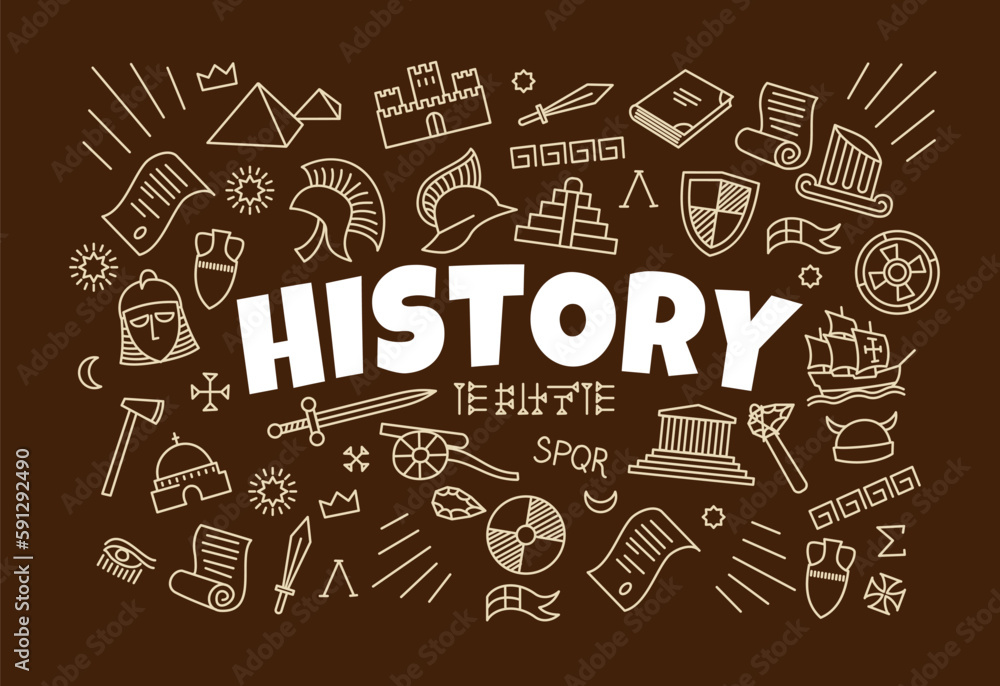 History background with signs and symbols of ancient world, vector ...