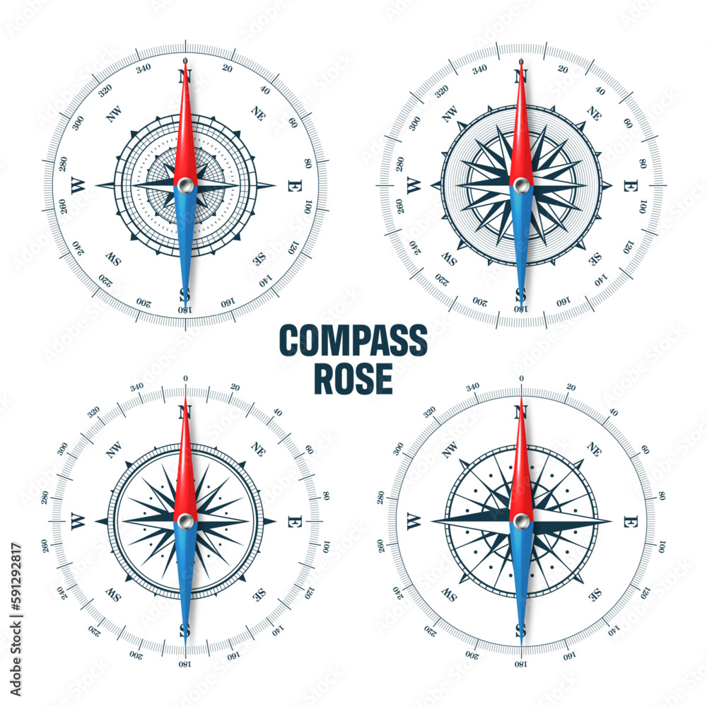 Marine compass, nautical wind rose with cardinal directions of North ...