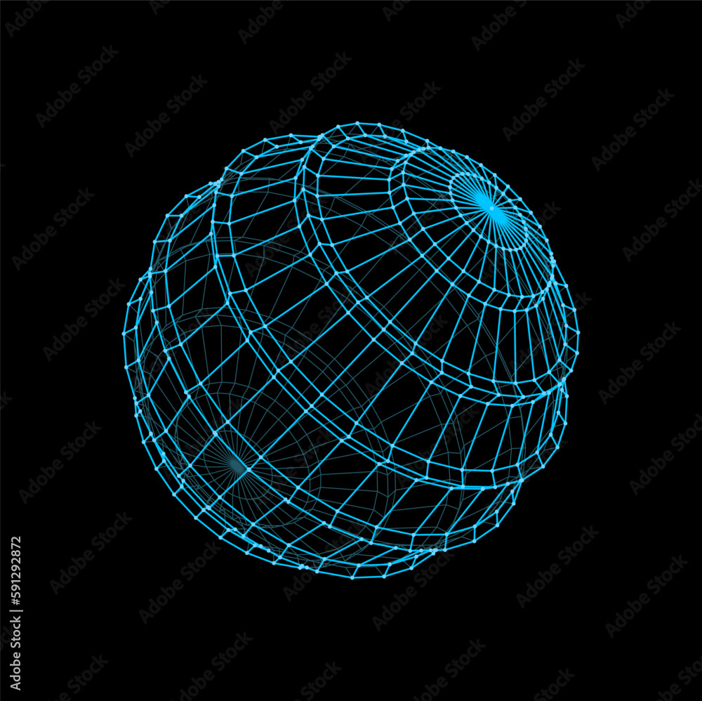 3d futuristic sphere and ball shape. Virtual dimensional grid hologram ...