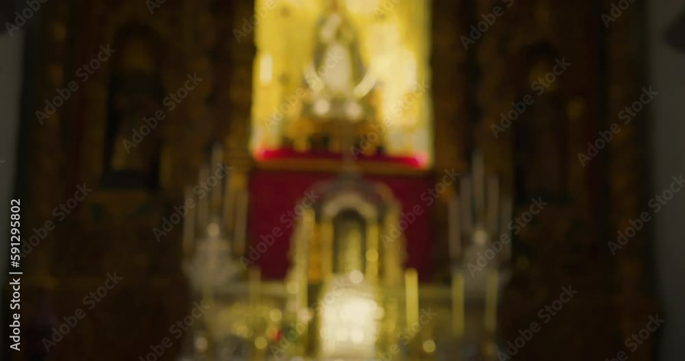 Interior of Temple. Blurred altar background with golden lights in ...