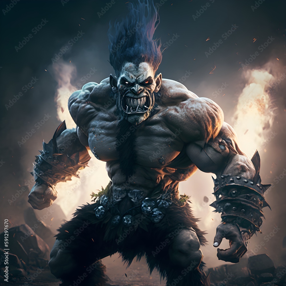 a huge muscular troll king going berserk crushing skull with his hands ...