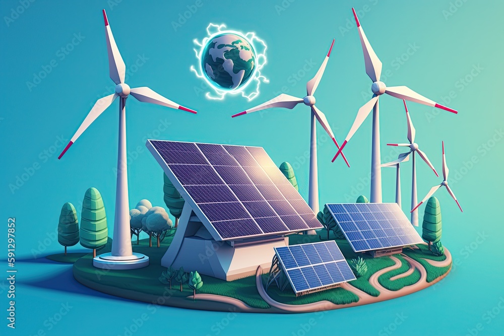 Solar energy concept with wind turbines and solar panels in cute 3d ...