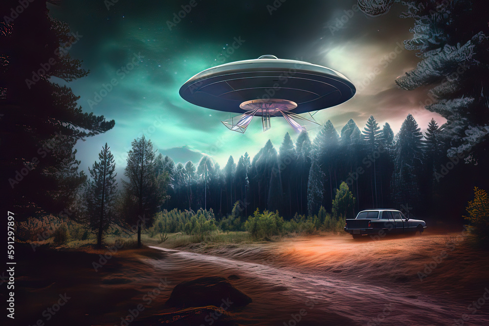 flying saucer Alien abduction scene over a campsite Stock Illustration | Adobe Stock