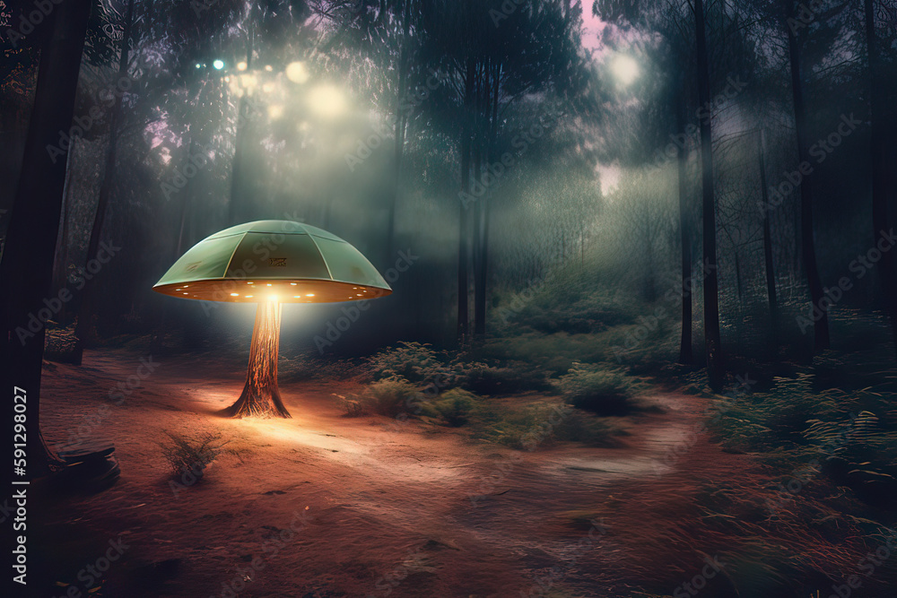 flying saucer Alien abduction scene over a campsite Stock Illustration ...
