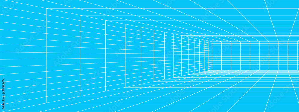 White rectangle wireframe in perspective on blue background. Room, hall ...