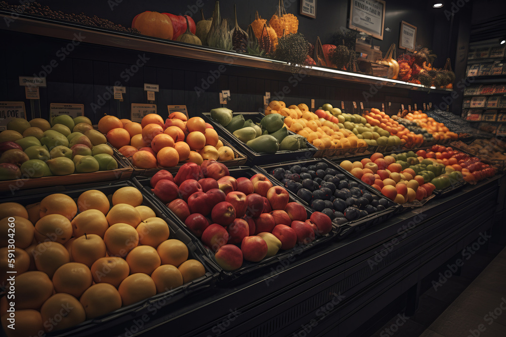 A fruit section in a grocery store, cinematic lighting, color grading ...