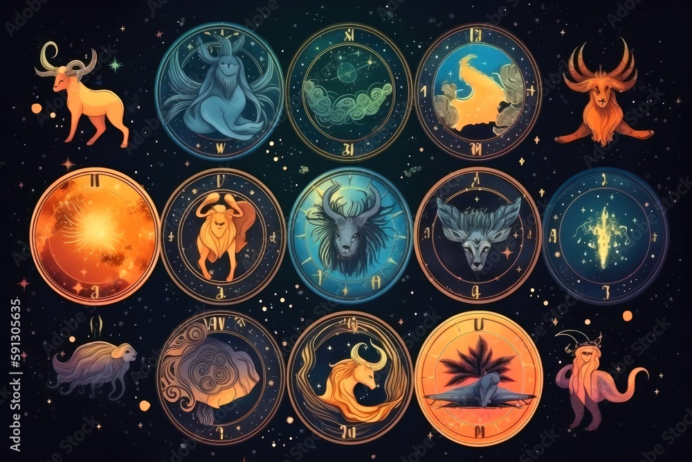 A set of magical zodiac signs on a dark background with stars created ...