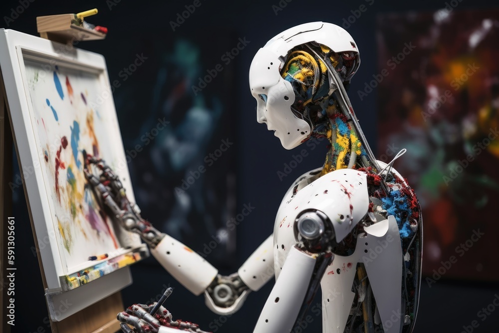 AI robot is painting an artwork created with generative AI technology ...