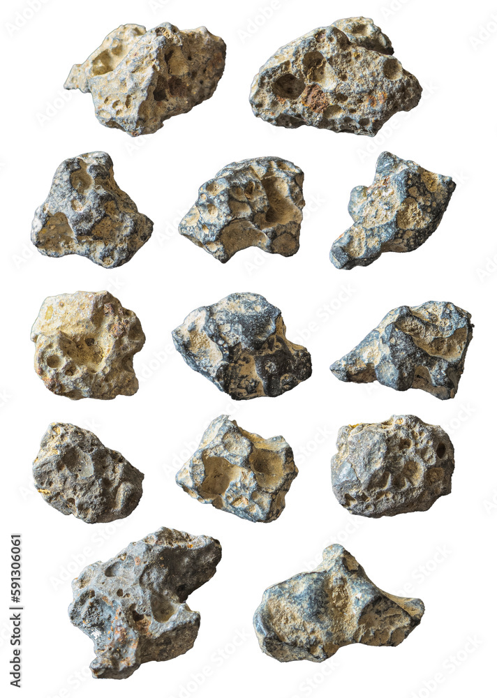 Collection of pitted and heavily textured rocks isolated on a ...