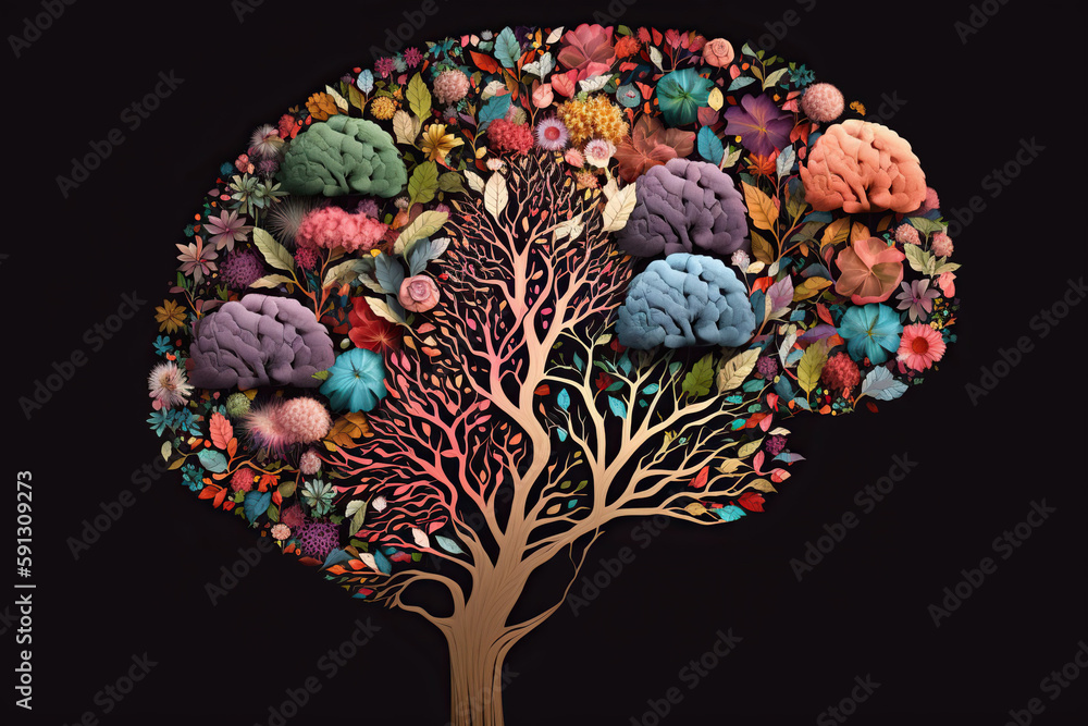 Human brain tree with flowers self care and mental health, created with ...