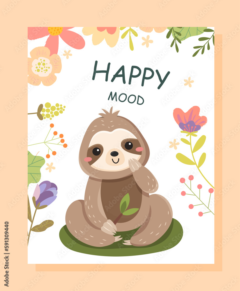 Cute sloth banner. Happy mood. Charming animal sits in lotus position ...