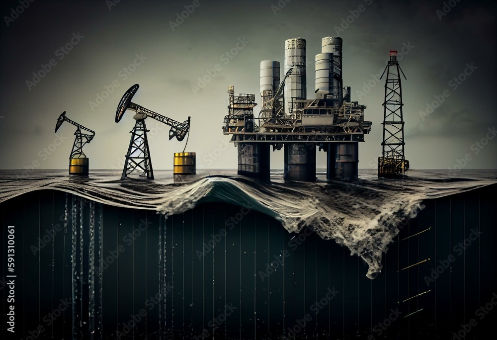 Barrels and oil platforms. Oil production decline chart. Falling quotes ...