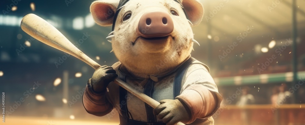 Pig Professional Baseball Player Swinging Baseball Bat In Baseball ...