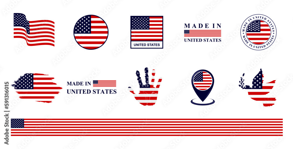 United States national flags icon set. Labels with USA flags. Vector ...