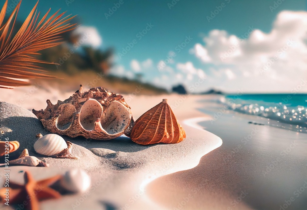Travel to a hyper-detailed beach paradise with floating seashells and ...